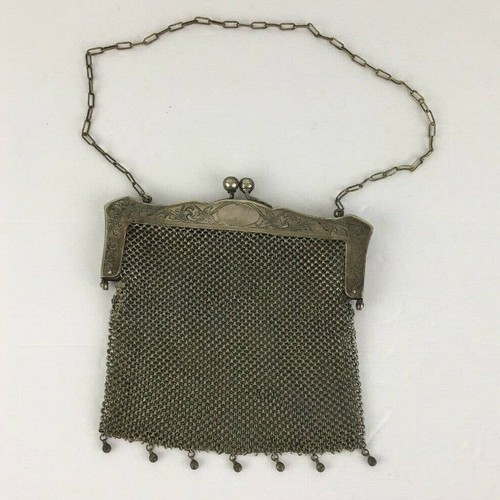 Antique Signed German Silver Mesh Purse Bag Ornate Frame Dangles NB Co ...