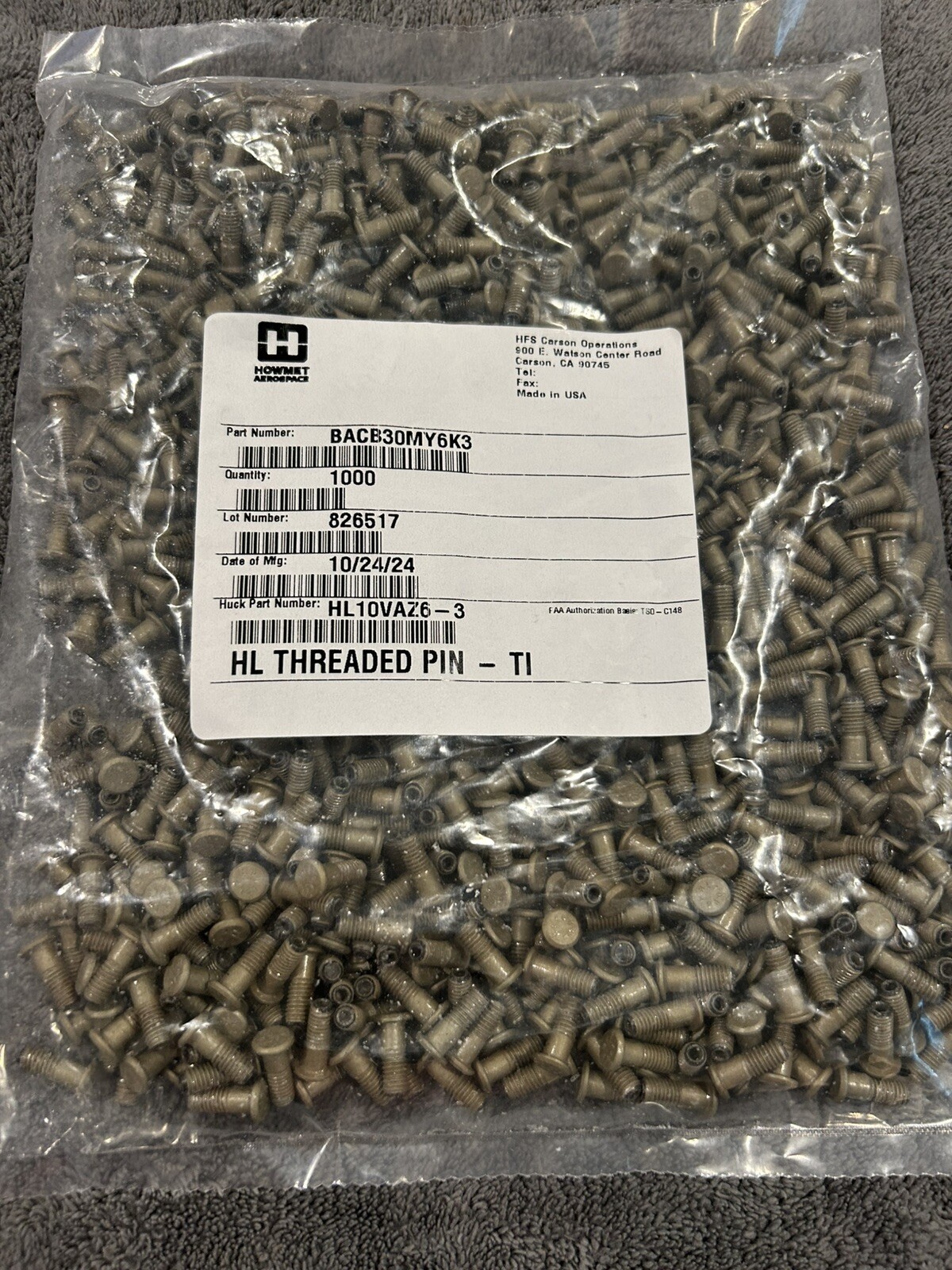 Howmet Aerospace Aircraft Part Threaded Pin Pack of 1000 HL10VAZ6–3 ...