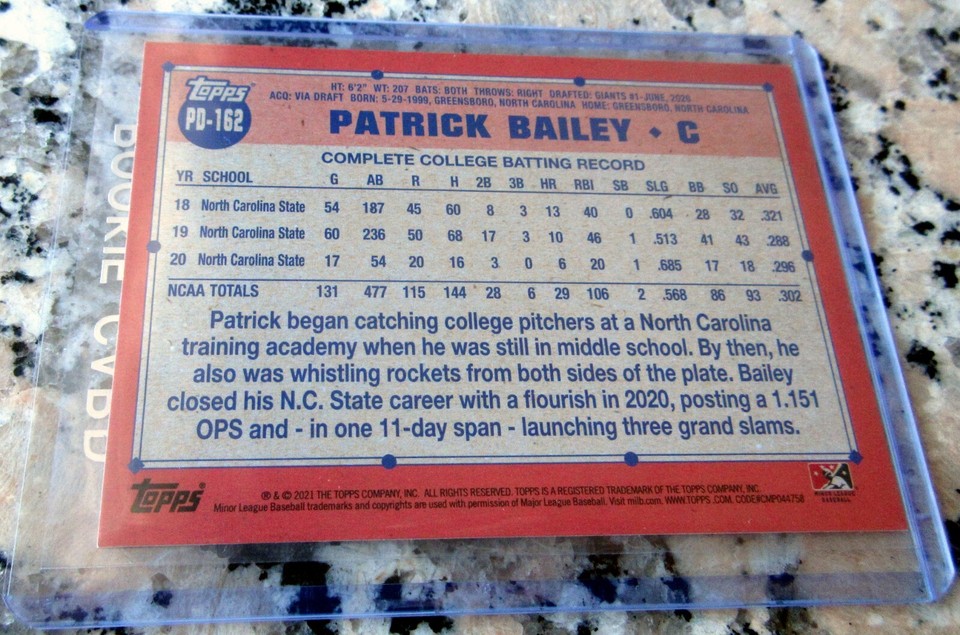 PATRICK BAILEY 2021 Topps #1 Draft Pick Rookie Card RC SF Giants HR ...