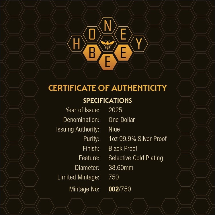Niue 2025 HONEY BEE & Hive $1 Troy Oz Pure Silver GILDED BLACK PROOF ...