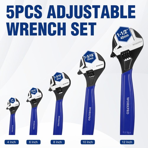 WORKPRO 5-piece Adjustable Wrench Set Metric & SAE Scales Cr-V Steel ...