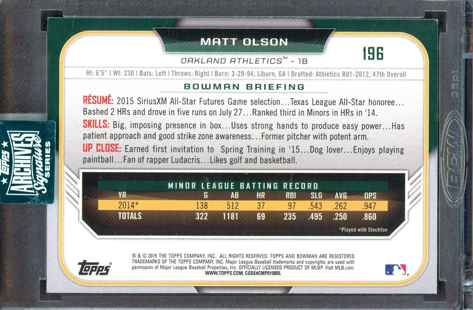 MATT OLSON 2024 Topps Archives Signature Series 2015 Bowman AUTO #310 ...