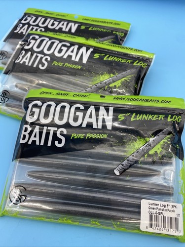 (3) Googan Baits Lunker Log 5" Green Pumpkin Purple Wacky Teaxs Rig ...