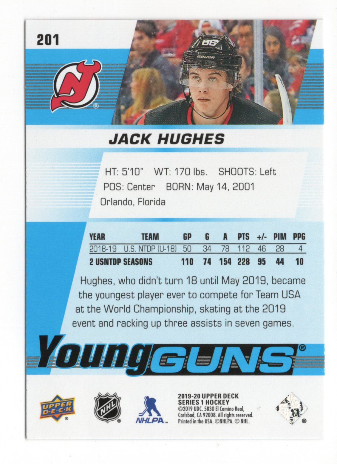 2019-20 Upper Deck Jack Hughes Young Guns Rookie #201 | eBay