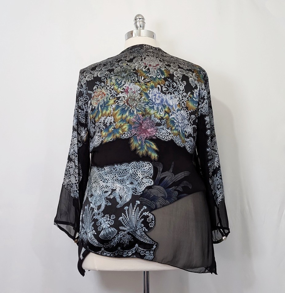 Citron Santa Monica Tunic Top Black Rayon Silk Floral Print Women's ...