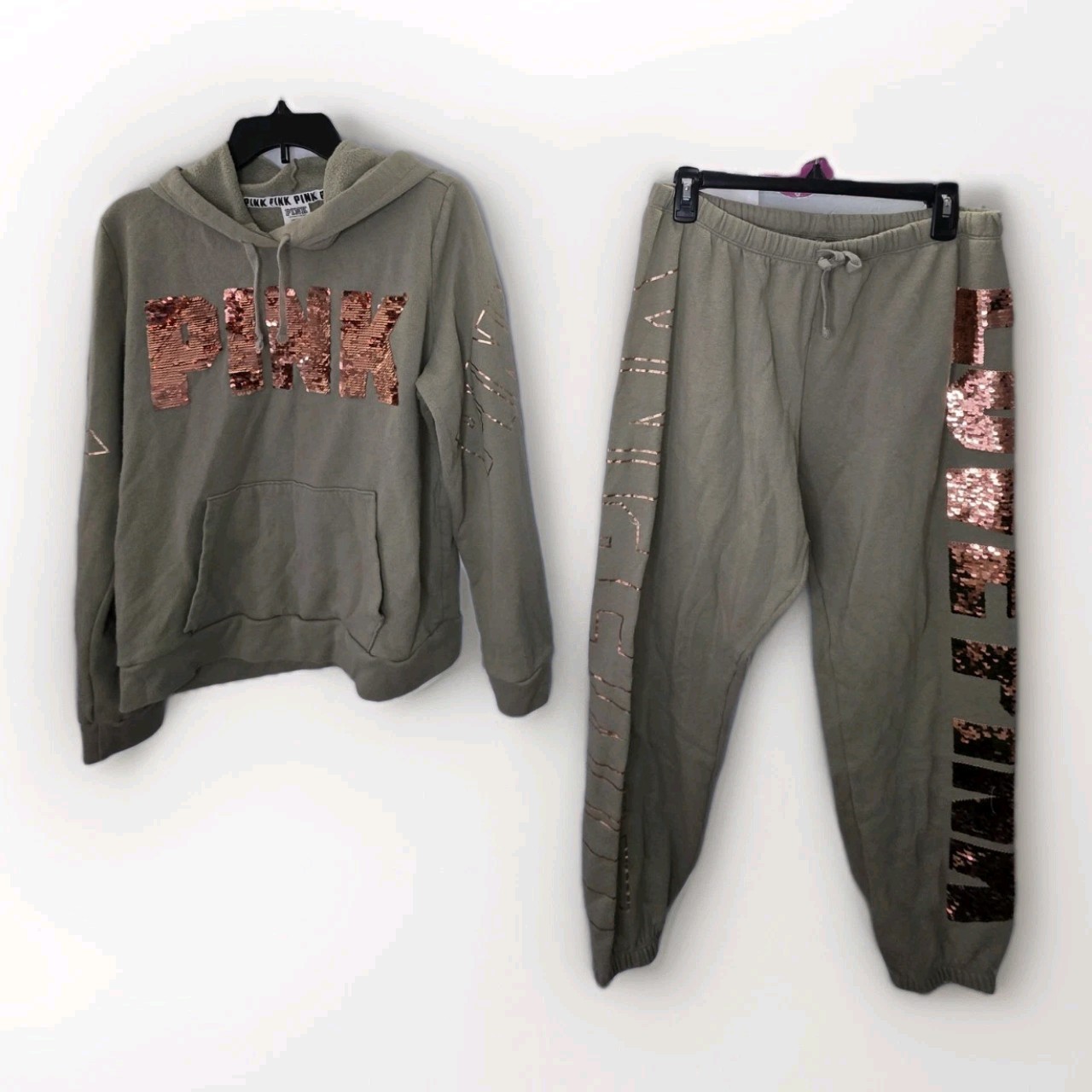 Victoria's Secret PINK VS Hoodie Olive Green rose gold sequins Set ...