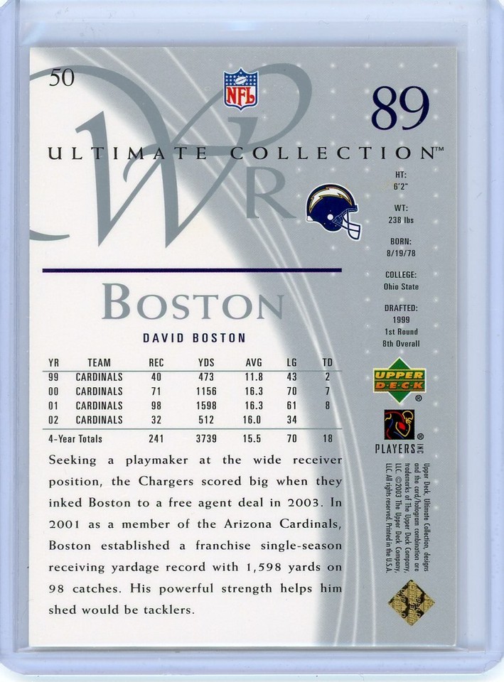 2003 UPPER DECK ULTIMATE COLLECTION DAVID BOSTON #50 CHARGERS CARDINALS ...