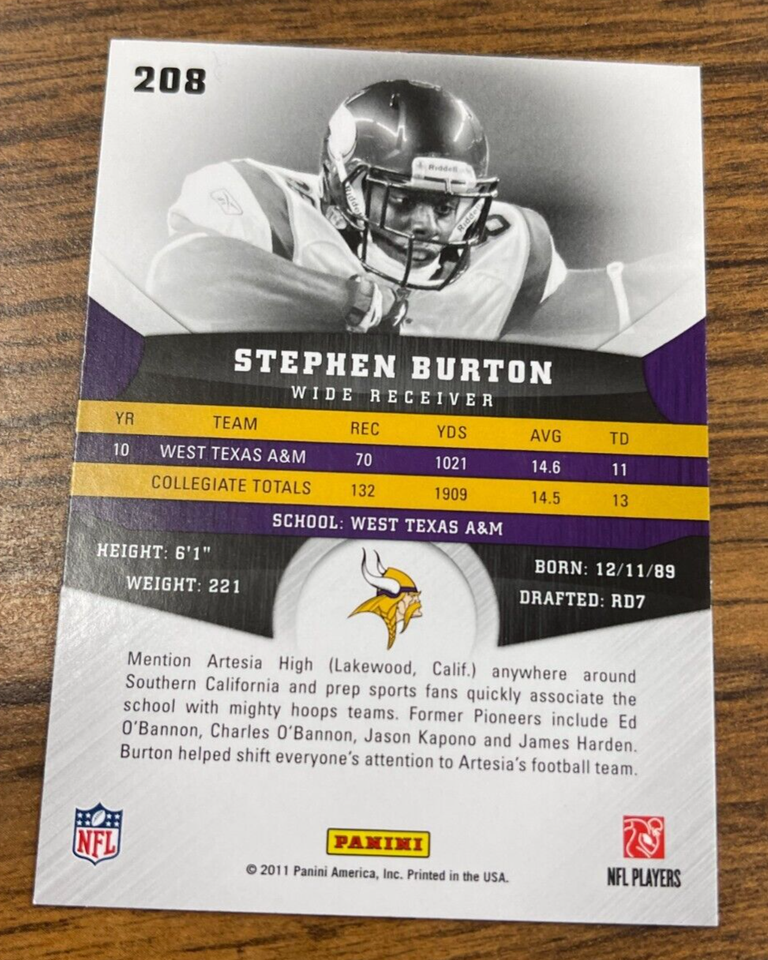 2011 Panini Gridiron Gear Card # 208 Stephen Burton Rookie | eBay