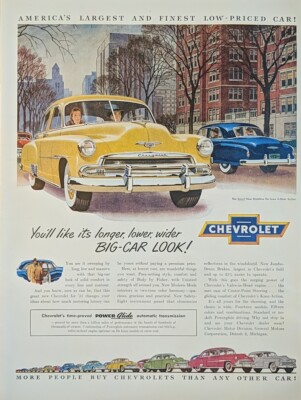1951 Chevrolet Yellow & Blue City Scape Backdrop Print Ad, Big Car Look ...