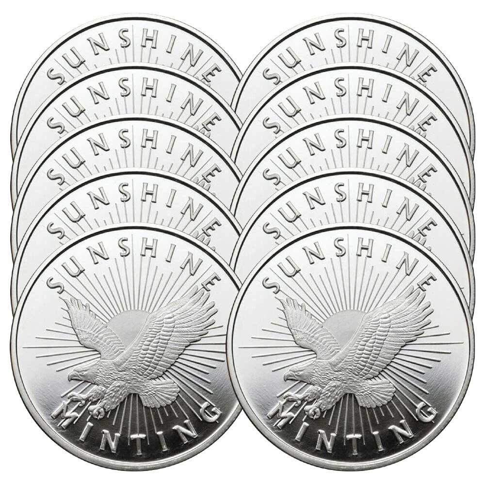 Lot of 10 - 1 Troy oz Sunshine Minting .999 Fine Silver Round Mint Mark ...