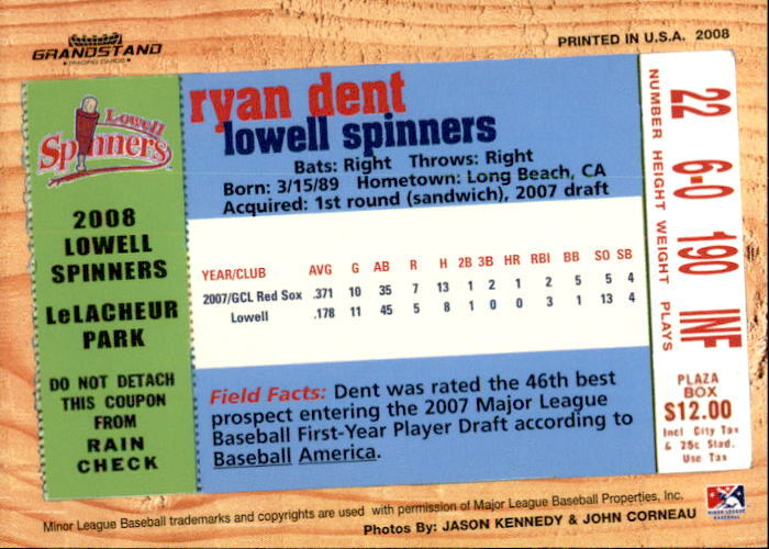 2008 Lowell Spinners Grandstand 12 Ryan Dent Long Beach California ...