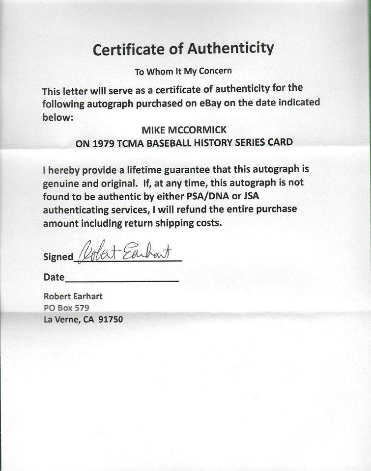 MIKE MCCORMICK SIGNED AUTOGRAPHED 1979 TCMA BASEBALL HISTORY SERIES ...