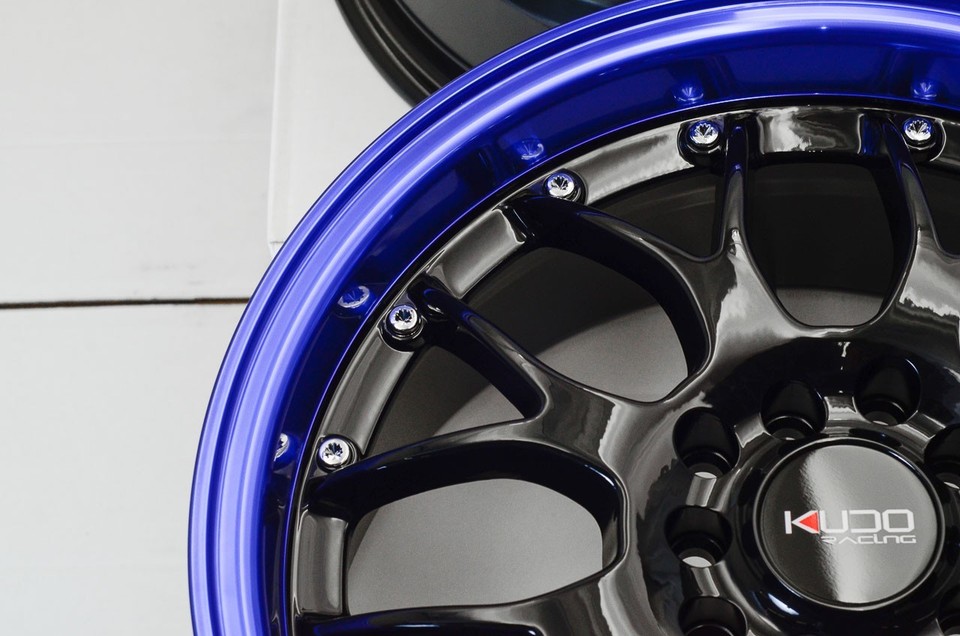 Kudo Racing Z16 16x7 5x100 5x114.3 +38mm Black w/Blue Lip Mesh Wheels ...
