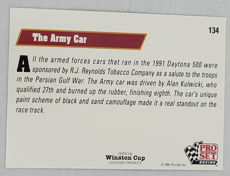 1991 Pro Set ~ The United States Army Car #7 ~ Car ~ #134 ~ Winston Cup ...