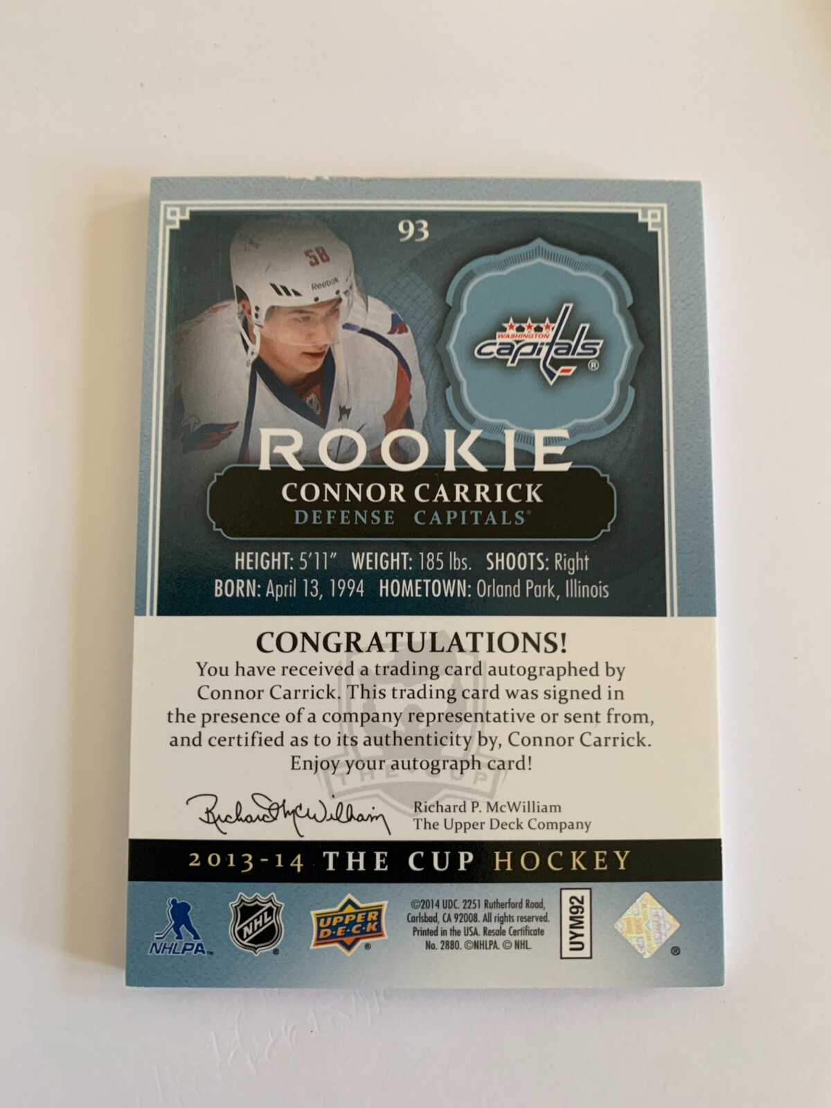 2013-14 Upper Deck The Cup - Rookie Autograph Connor Carrick #93 /249 ...