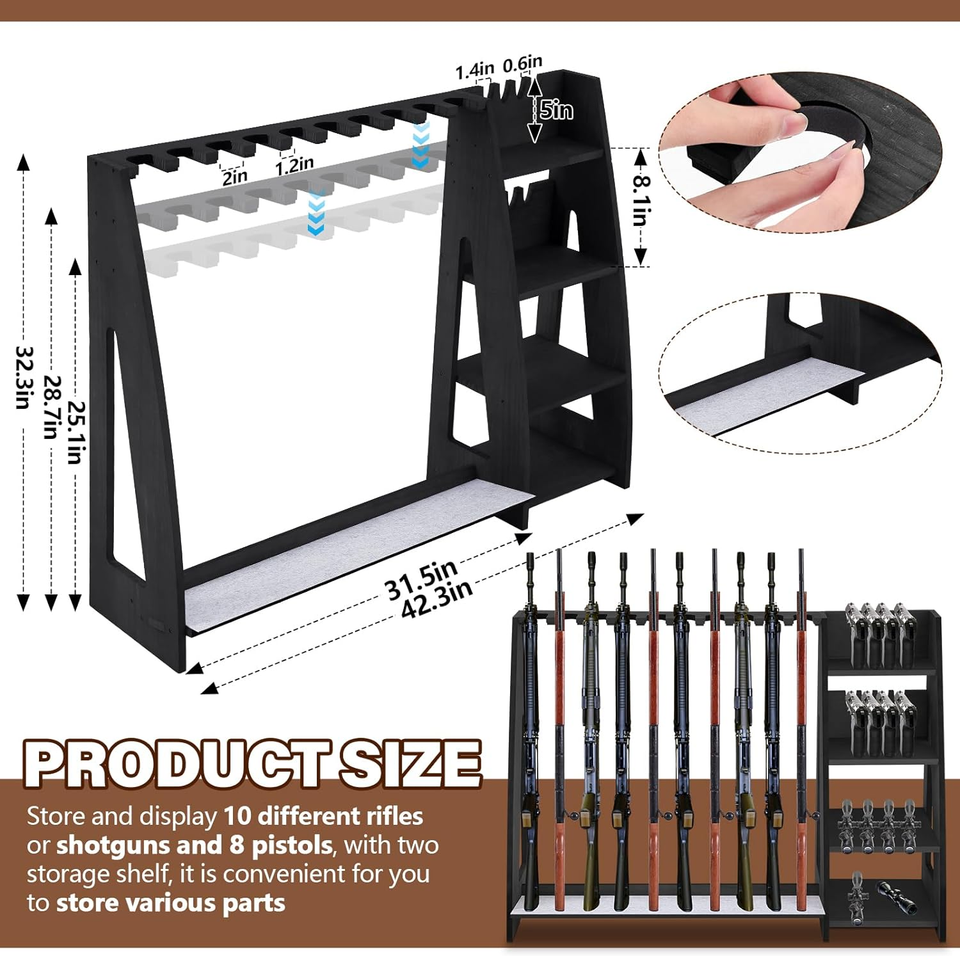 Rifle Shotgun Racks Wood Storage Holder Safe Holds 10 Long Guns and 8 ...