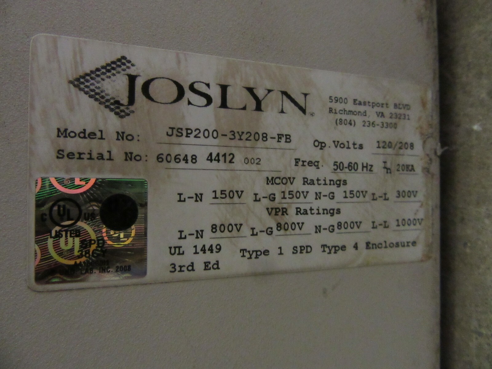 JOSLYN JSP200 HI-VOLTAGE SURGE SUPPRESSOR FILTER 3Y208 200KA 120/208V ...