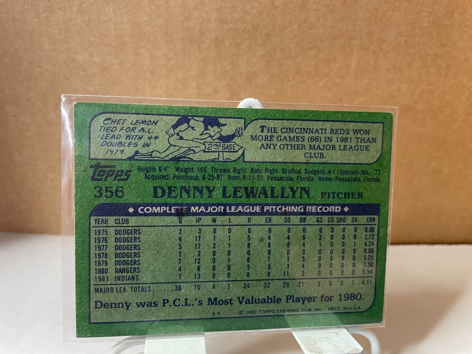 1982 TOPPS #356 Denny Lewallyn CLEVELAND INDIANS SIGNED AUTOGRAPH AUTO ...