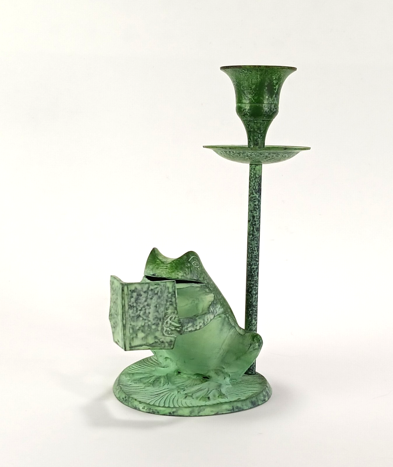 Verdigris Reading Frog Candle Stick Holder Light Green Patina on Lily ...