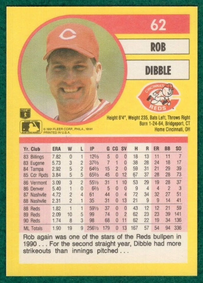 Rob Dibble - 1991 Fleer #62 - Cincinnati Reds Baseball Card | eBay