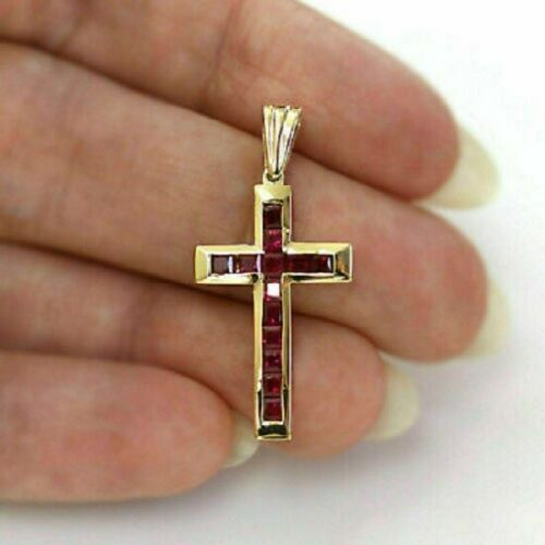 2Ct Princess Lab Created Red Garnet Diamond Women's Cross 14K Yellow ...