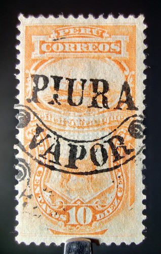 RARE PERU STAMP 1884 PACIFIC WAR PIURA VAPOR SURCH Sc #14N18, 10c DUE ...