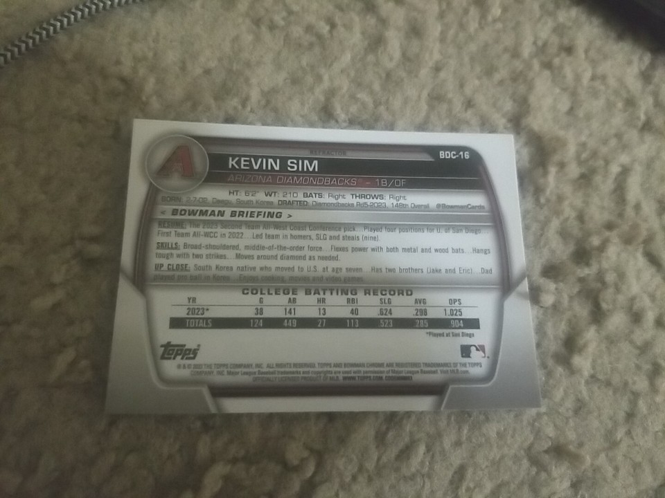 KEVIN SIM 2023 BOWMAN DRAFT CARD BDC-16 DIAMONDBACKS (FIRST ROOKIE ...