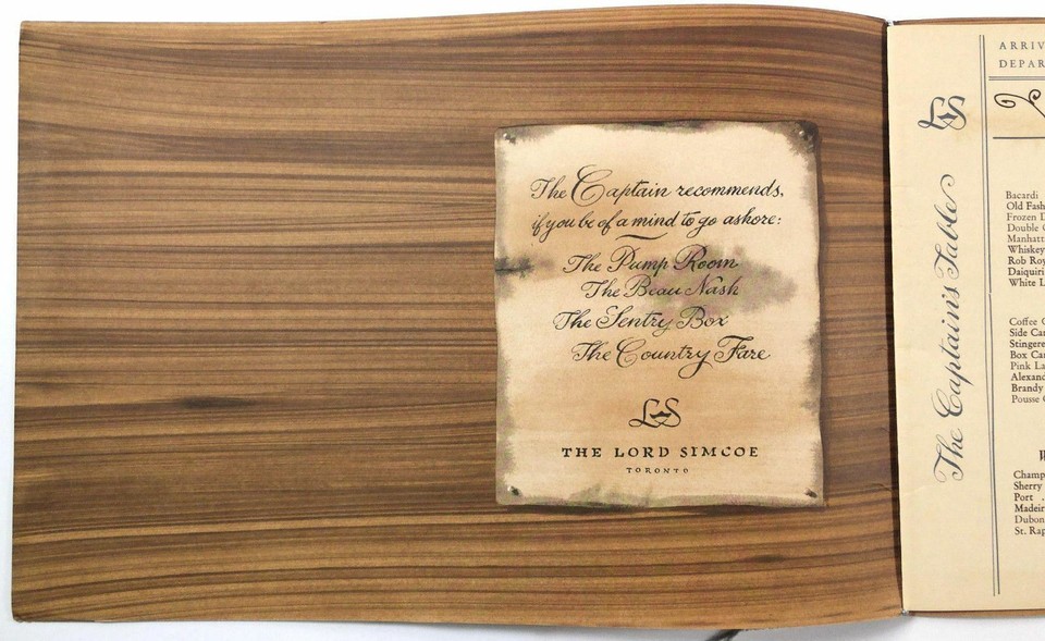 1960's Vtg Full Size Menu LORD SIMCOE HOTEL - CAPTAIN'S TABLE LOG ...