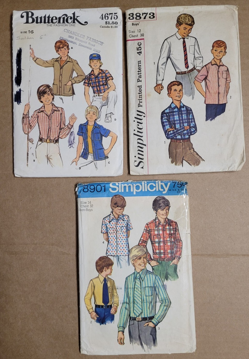 3 VTG Sewing Patterns Boys Shirts Tie Butterick 4675 Simplicity 3873 ...