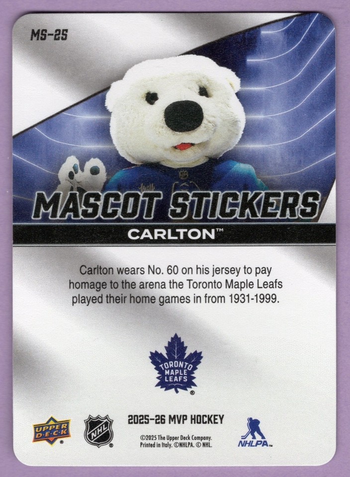 2025-26 NHL UPPER DECK MVP MASCOT STICKERS CARD - MS-25 Carlton the ...