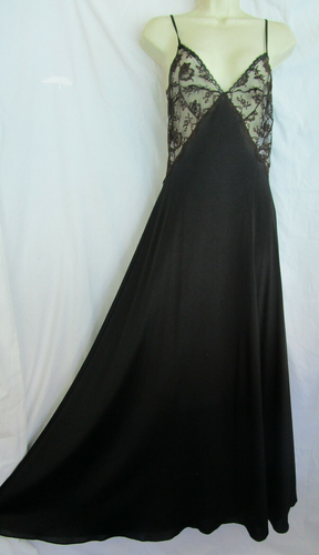 Vintage Miss Elaine Long Black Nightgown Negligee Sheer Brown Lace Low ...