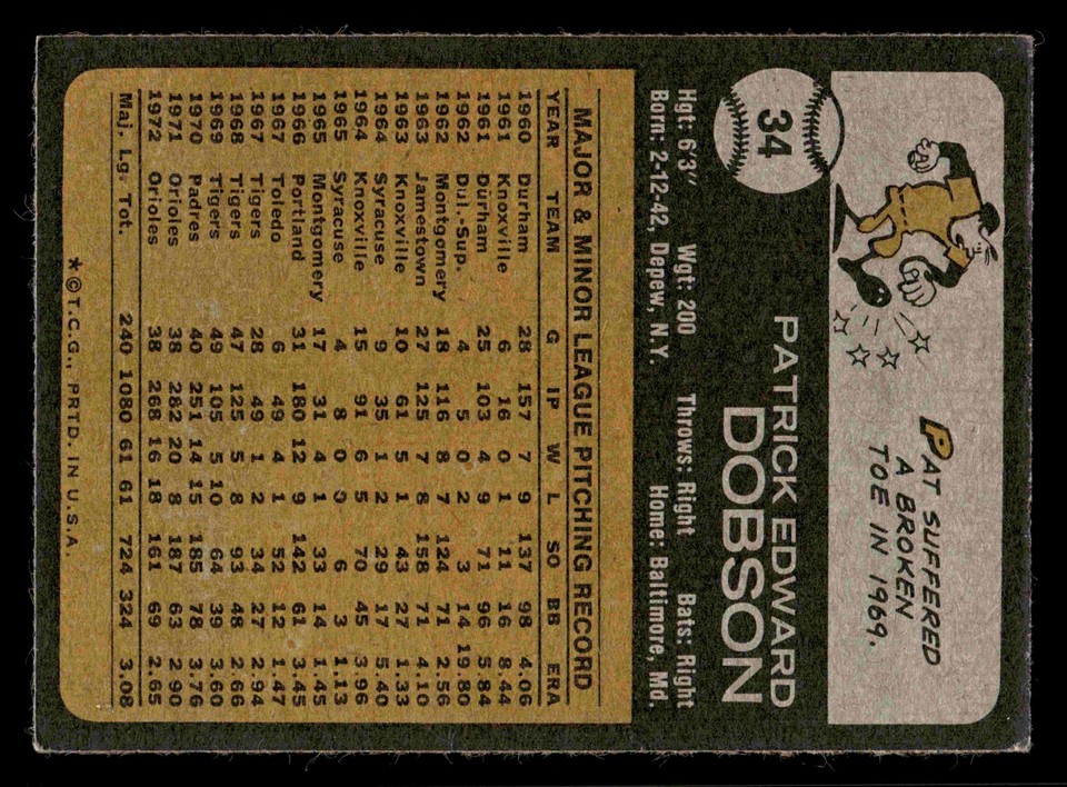 1973 Topps Pat Dobson #34 - Baltimore Orioles | eBay