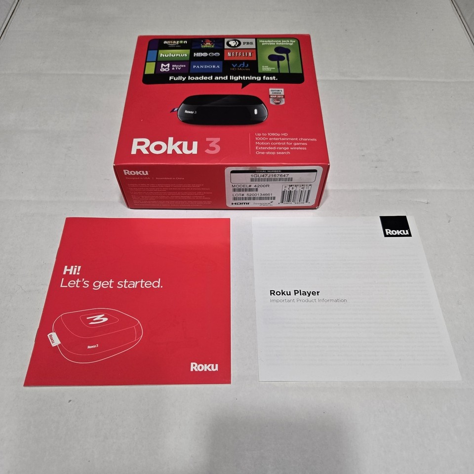Roku 3 Media Streamer 4200X With Box Black Remote HDMI Power Cables ...