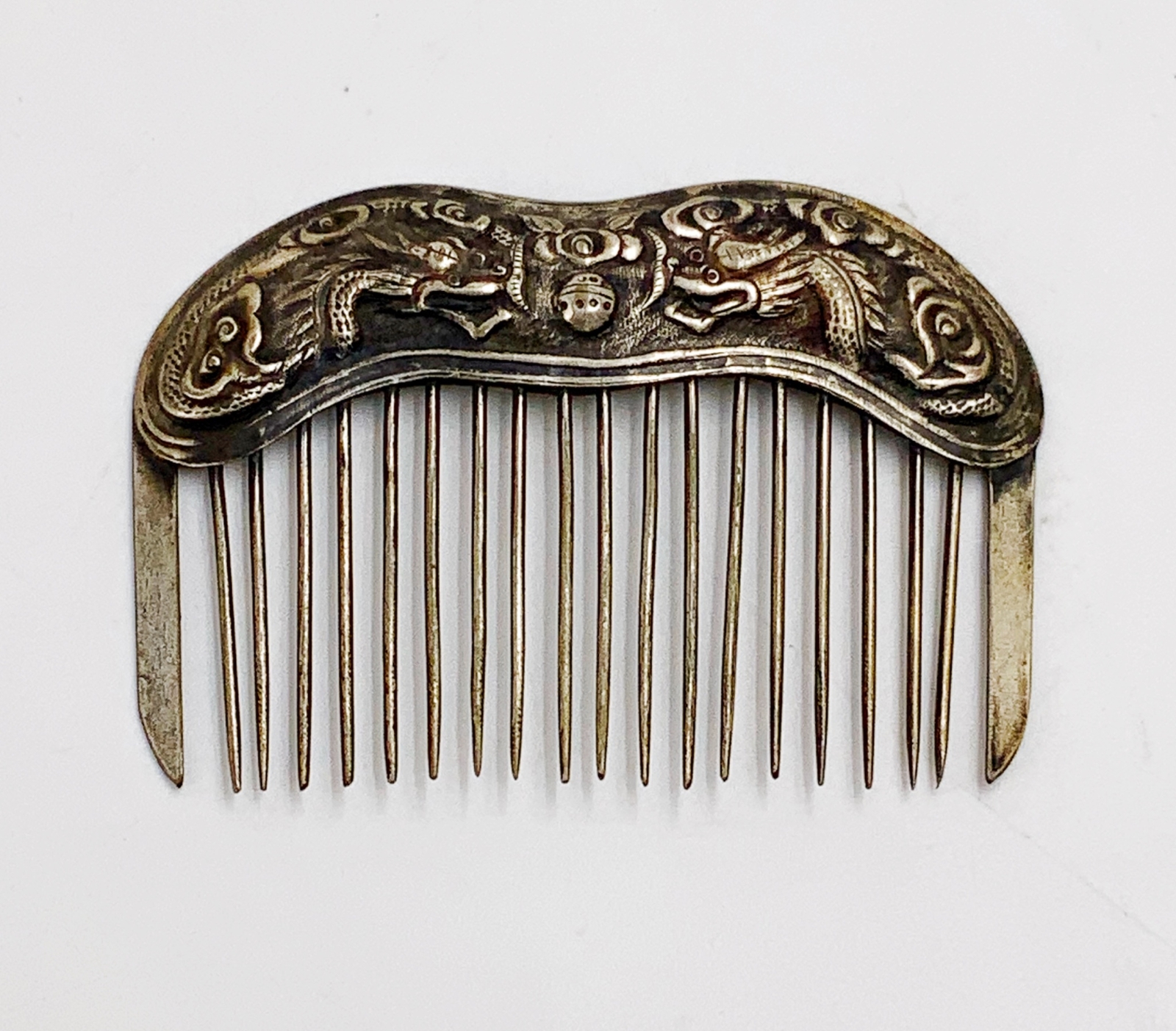 Antique Chinese export silver hair comb Dragons chasing pearl Repousse ...