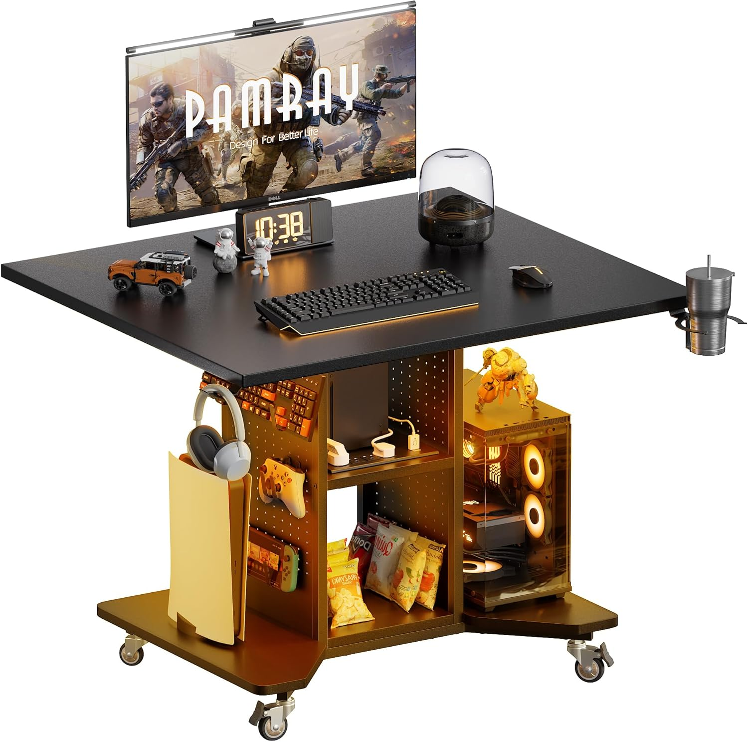 32 Inch Small Movable Gaming Desk with Power Outlet and Pegboard, PC ...