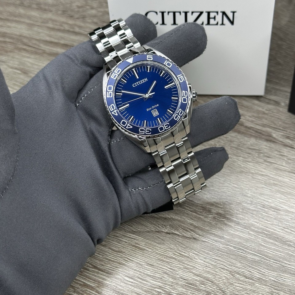MSRP $525 Citizen Eco-Drive Carson Silver Steel Blue Date Men's Watch ...