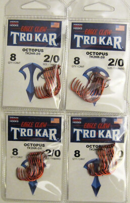 4 Packs Eagle Claw TK2HR Trokar Red Octopus Fish Hooks Size 2/0 3/0 4/0 ...
