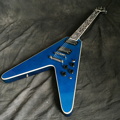 Blue Flying V Electric Guitar 6 String Flame Inlay Mahogany Body H ...