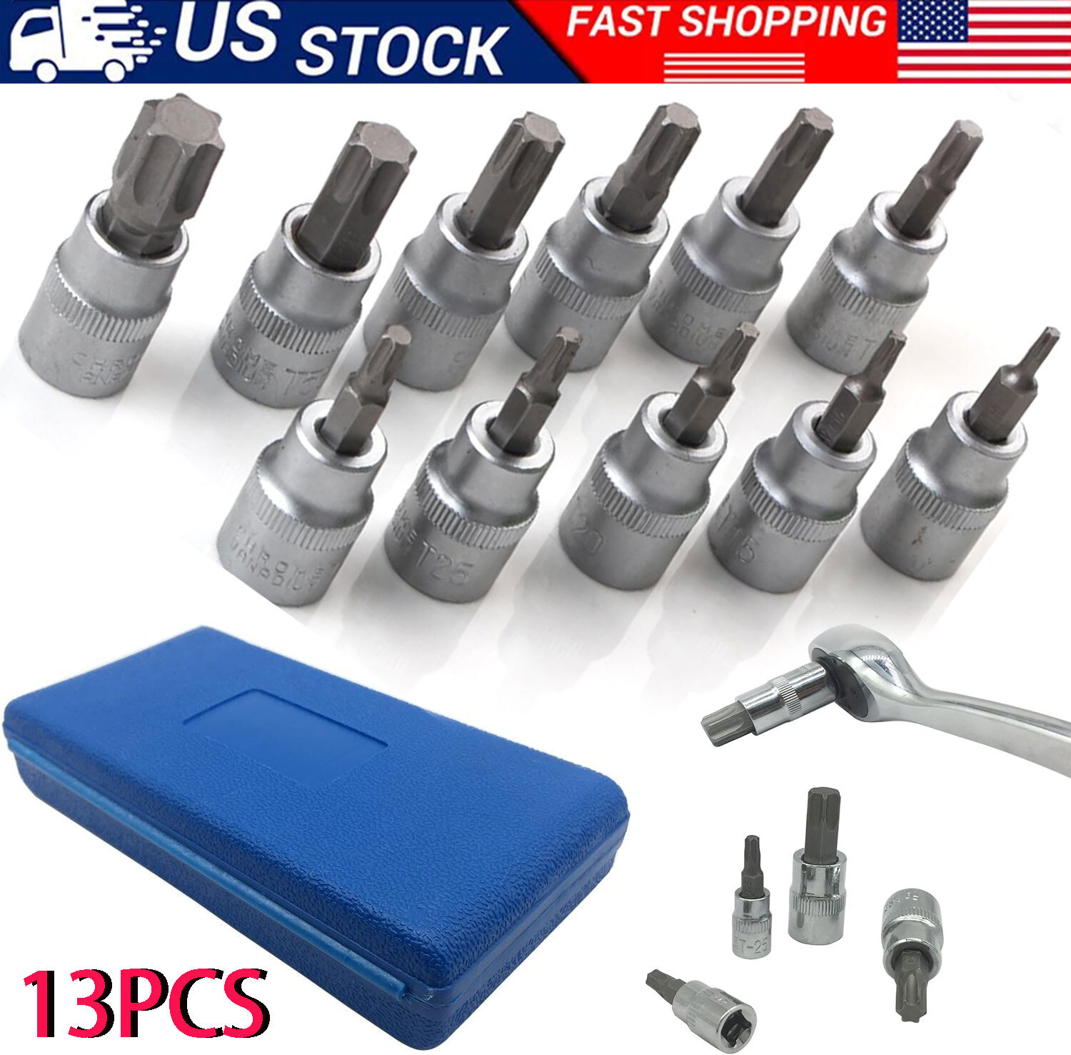 13pcs T Torx Socket Set Star Hex Bits Garage Torque 3/8" T8-T70 Drive ...