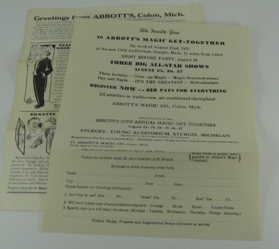 VTG. 1955 ABBOTT MAGIC FLYER & GET TOGETHER REGISTRATION FORM... 2 PCS ...