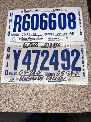 Lot 2 1998+2001 Ohio Temporary License Plates Plate 01 Ford 79 Pontiac ...