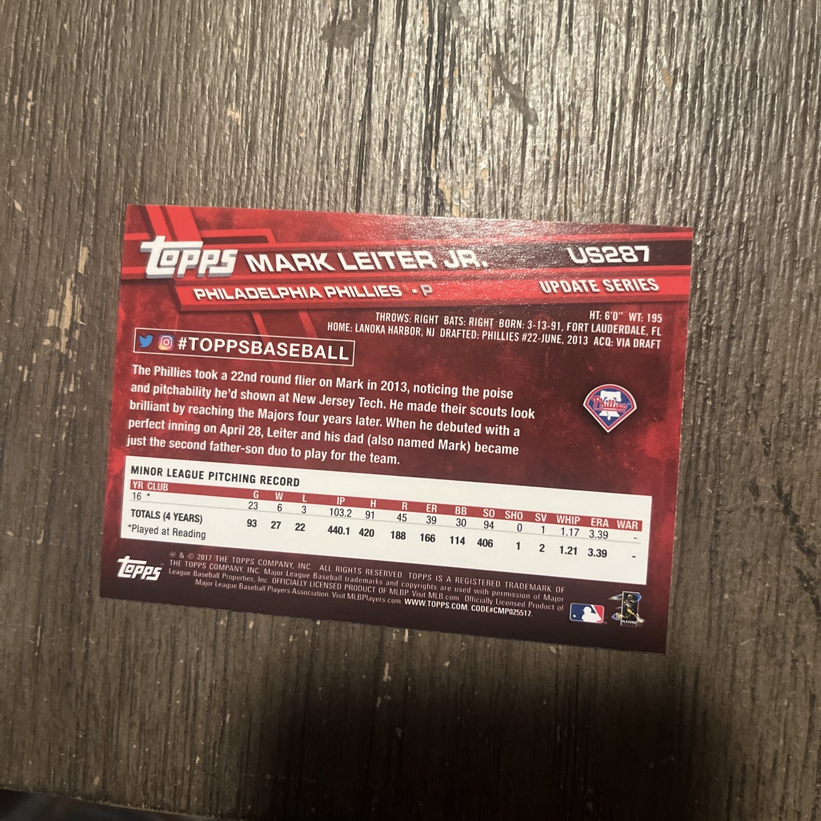 2017 Topps Update #US287 Mark Leiter Jr. Rookie RC Phillies | eBay