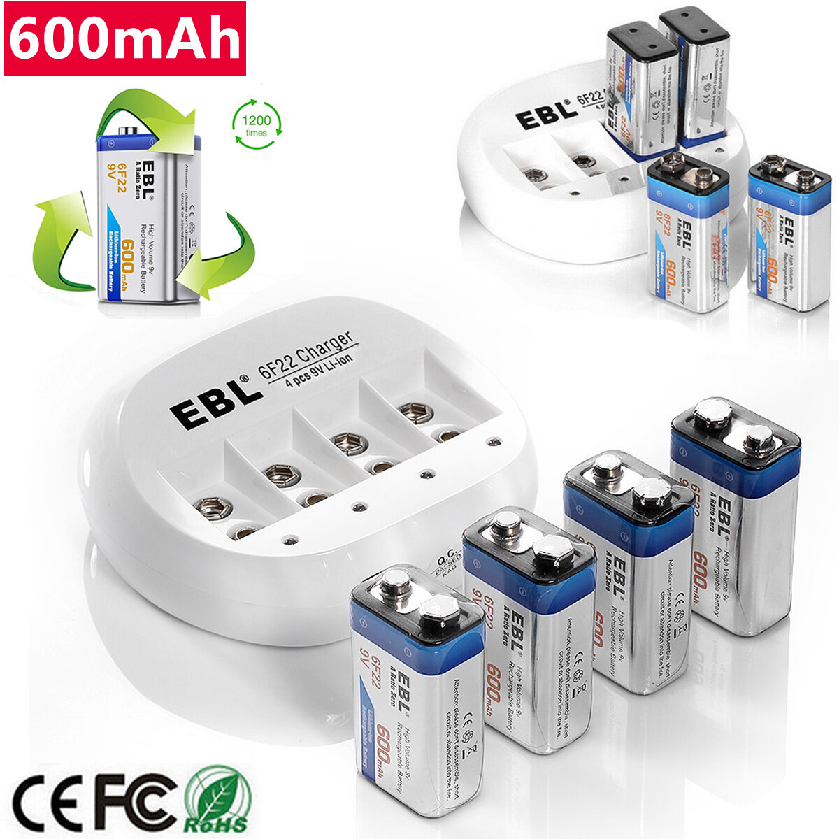 Lot 600mAh 9V 6F22 Lithium Li-Ion Rechargeable Batteries/ 4 Slots 9 ...