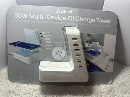 Atomi 55W Multi-Device Qi Charging Tower In White AT071524 | eBay