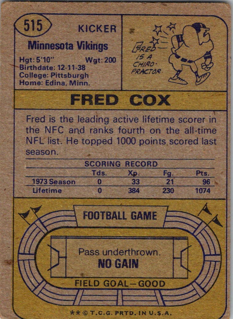 1974 Topps - #515 Fred Cox for sale online | eBay