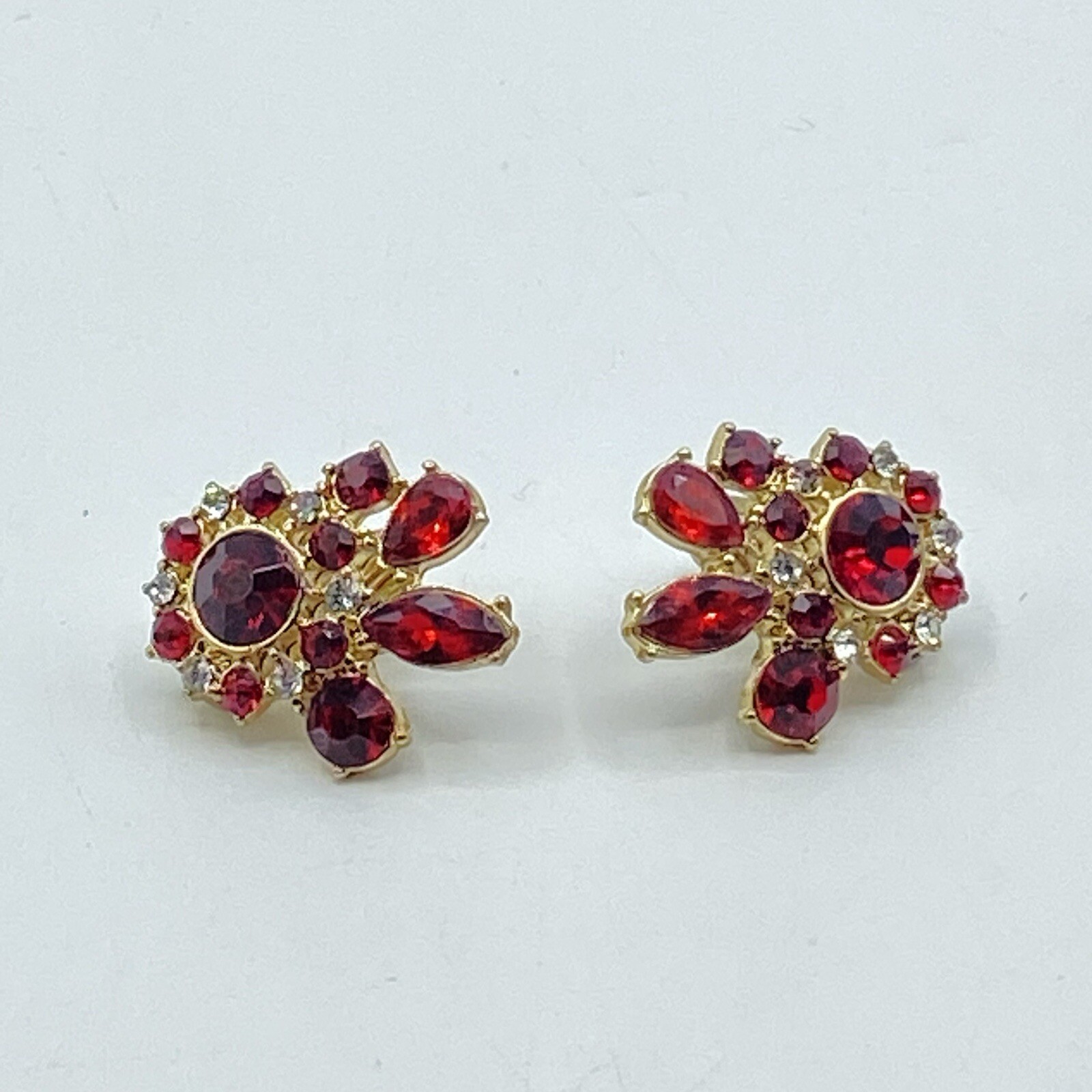 Vintage TJG Gold Tone Ruby Red Clear Rhinestone Clip … - Gem