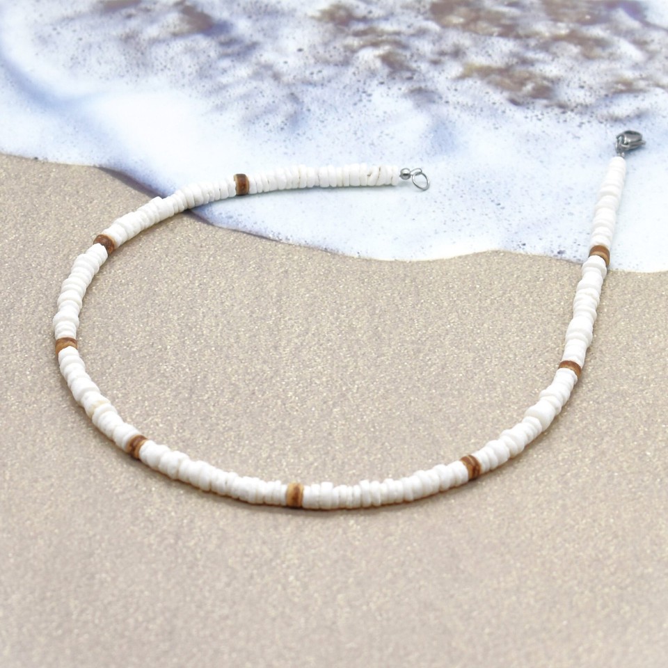 Bohemian Surfer Shell Necklace White Puka Shell Coconut Wood ...