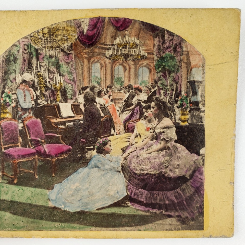 Victorian Parlor Dance Party Stereoview c1855 Tinted Piano Music Ladies ...