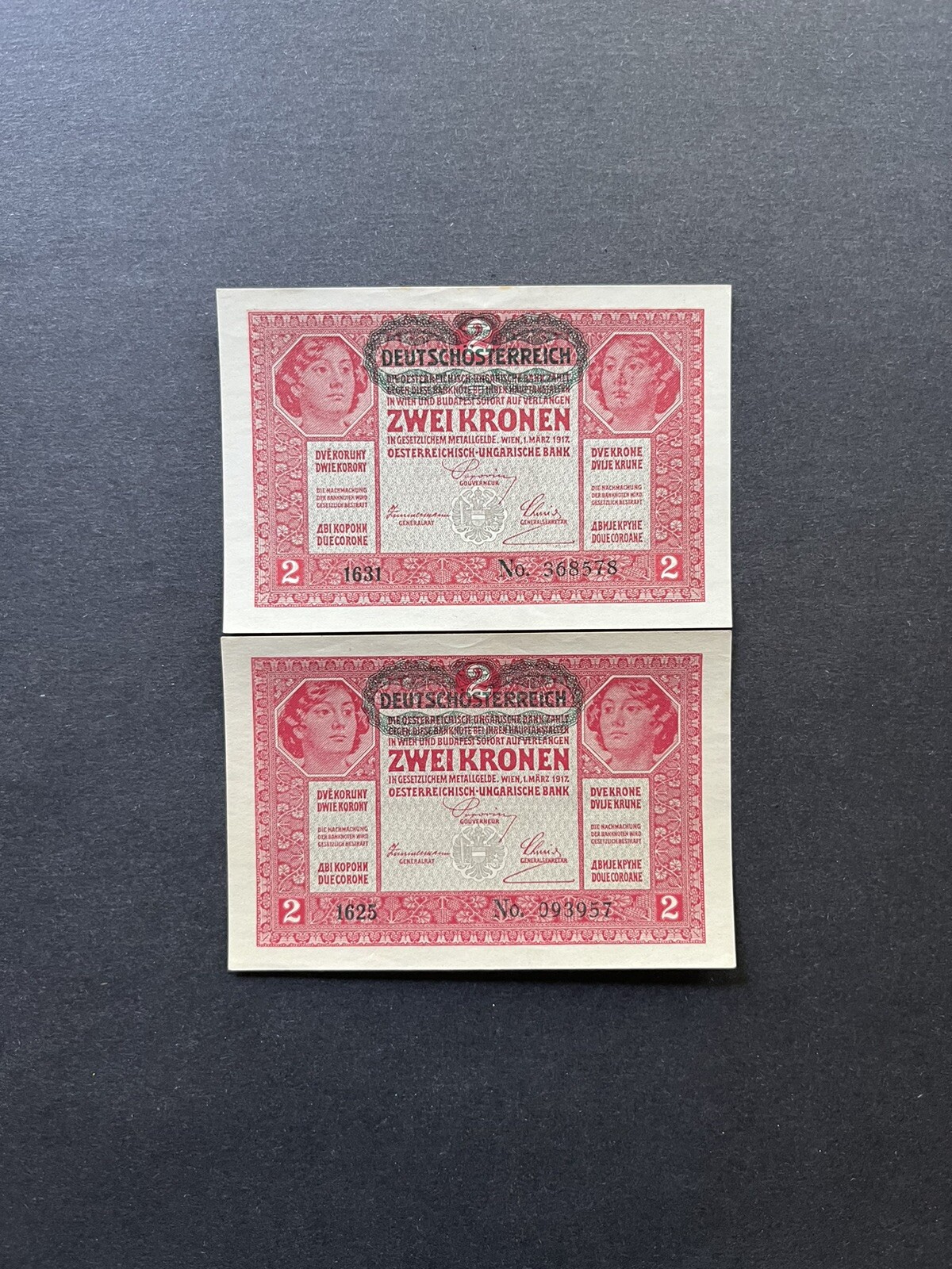 Austria Banknotes Lot Of 2 1917 (1919) 2 Krone #50a AU/UNC (Last Notes ...