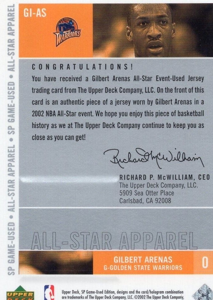 2002-03 SP Game Used Gilbert Arenas All-Star Jersey #GI-AS | eBay